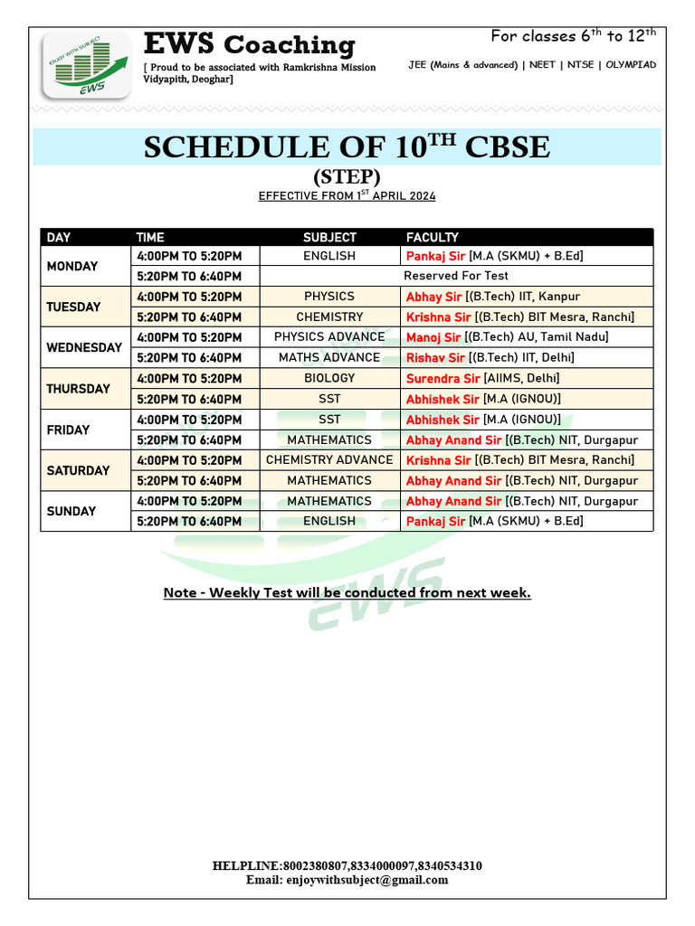 EWS Coaching Schedule for 10th CBSE | PDF