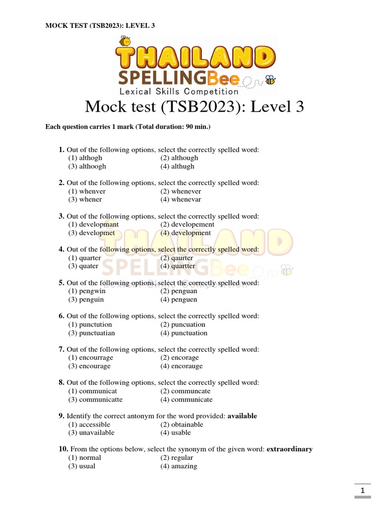 TSB Splling Bee Test 2024 | PDF | Language Mechanics | Grammar