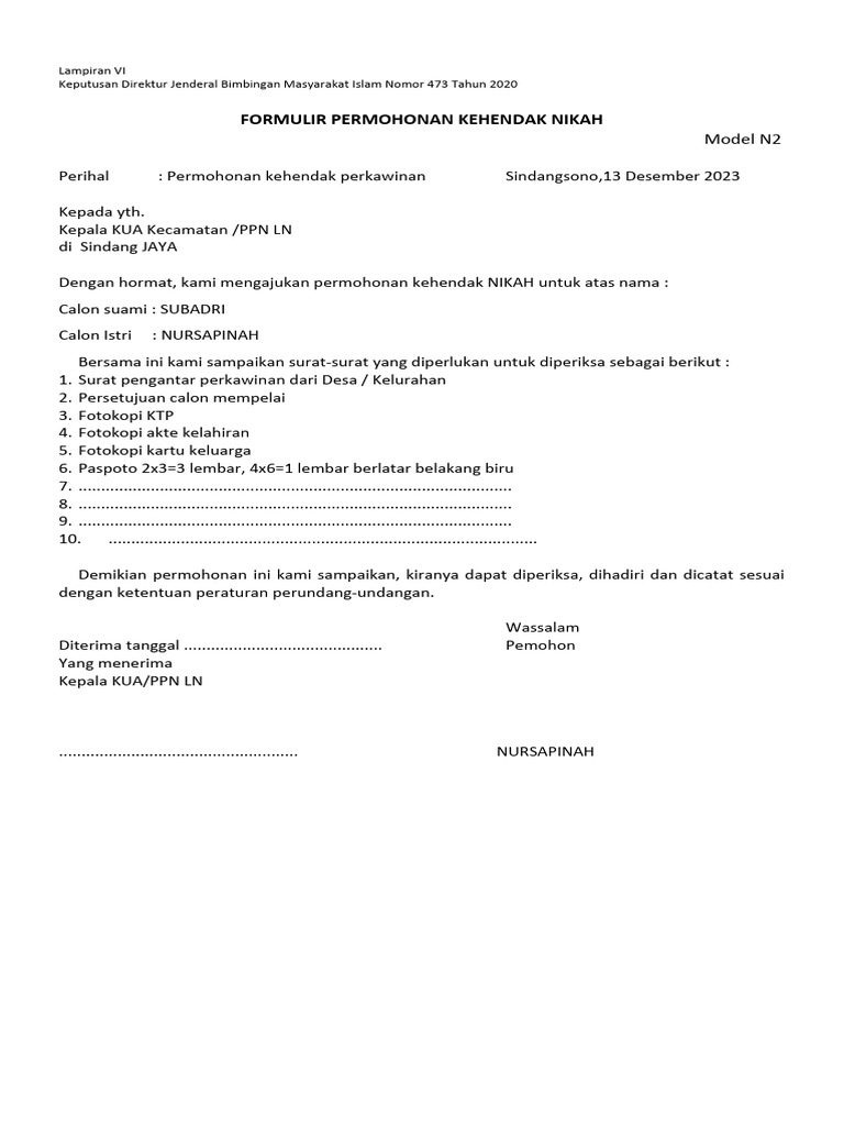 Formulir Permohonan Nikah N2 | PDF
