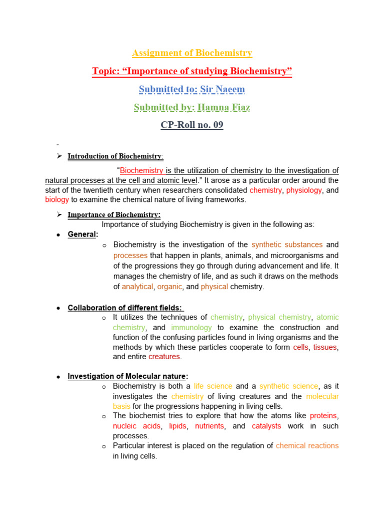 Assignment of Biochemistry | PDF | Biochemistry | Chemistry