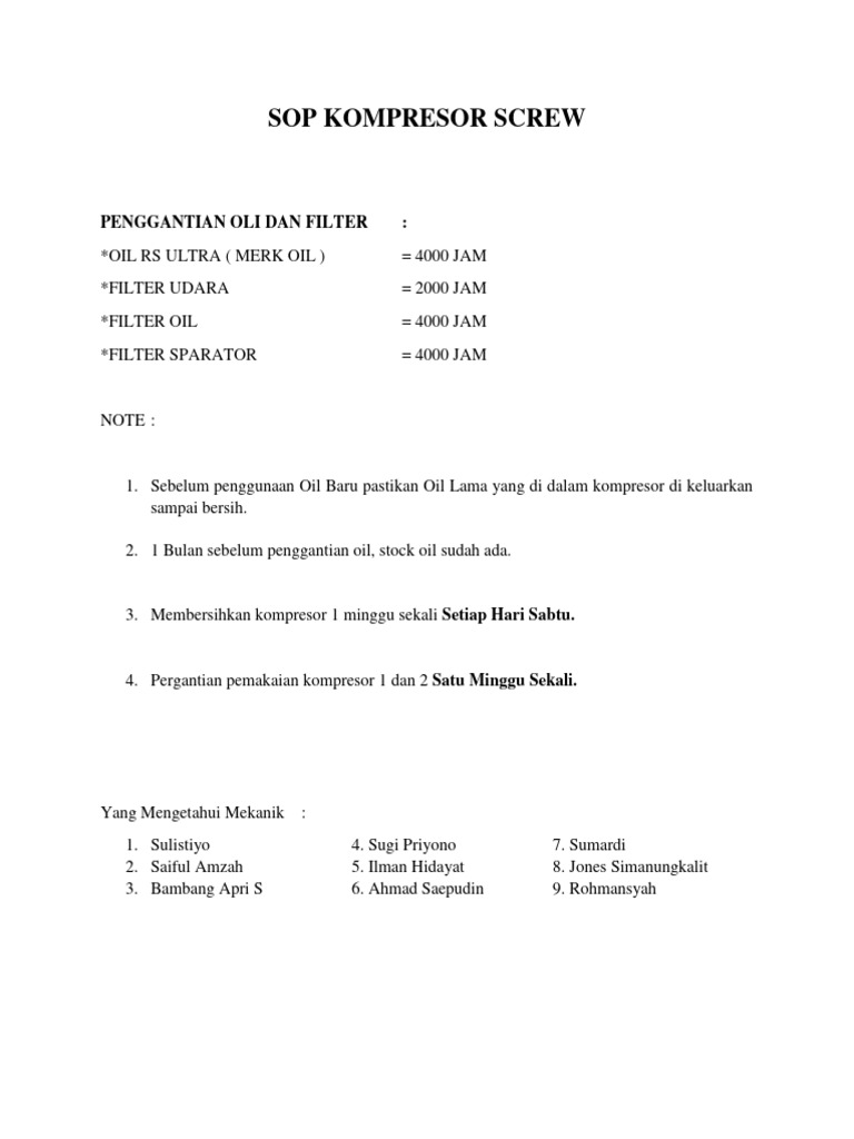Sop Kompresor Screw | PDF