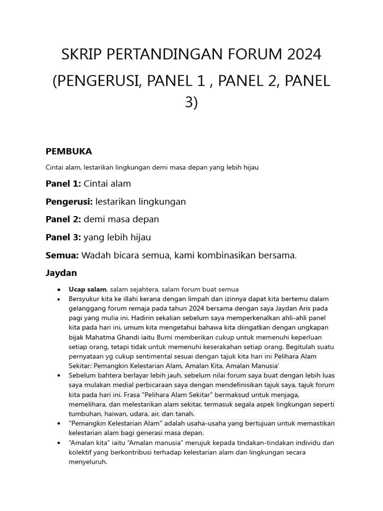 Skrip Pertandingan Forum 2024 | PDF