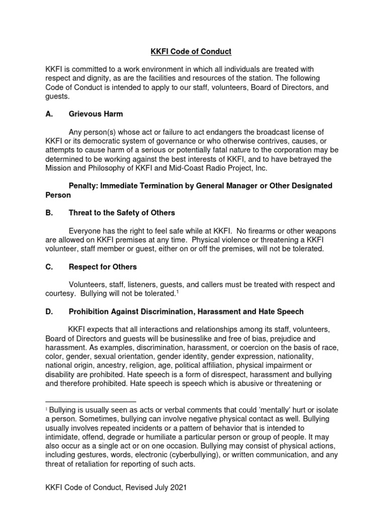 KKFI Code of Conduct 1 | PDF | Harassment | Bullying