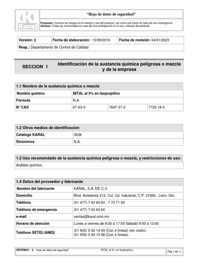 Hoja de Seguridad: NITAL 5% Isopropílico | PDF | Agua | Quemar
