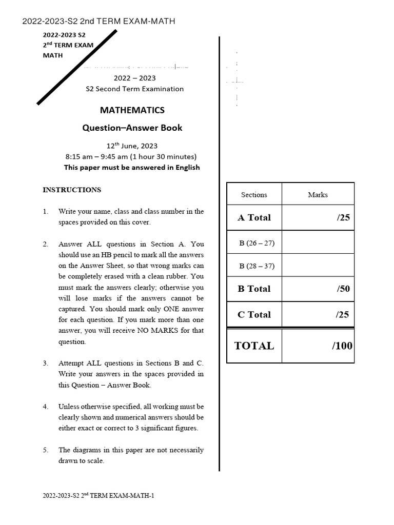 S2 Math Exam Instructions | PDF | Area | Circle