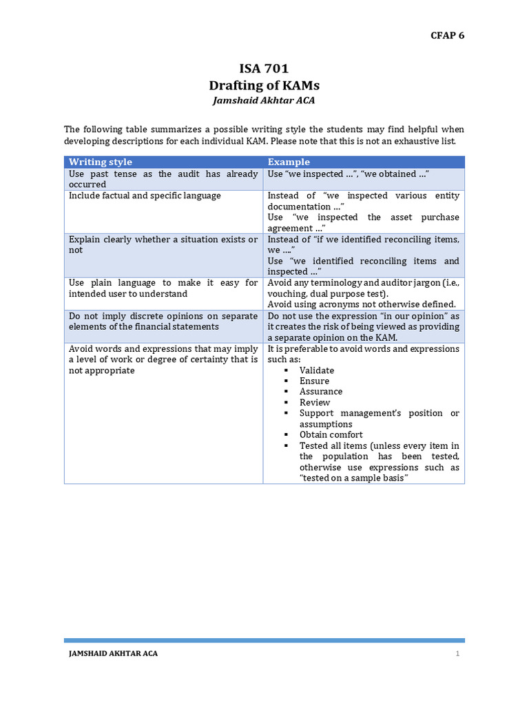 KAM Writing Style Guide for Auditors | PDF | Audit | Financial Statement
