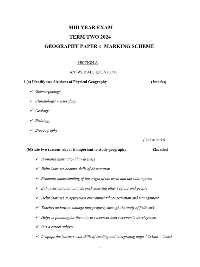 BUJISET MARKING SCHEME GEOG PP1 CORRECTED COPY | PDF | Rock (Geology) | Igneous Rock