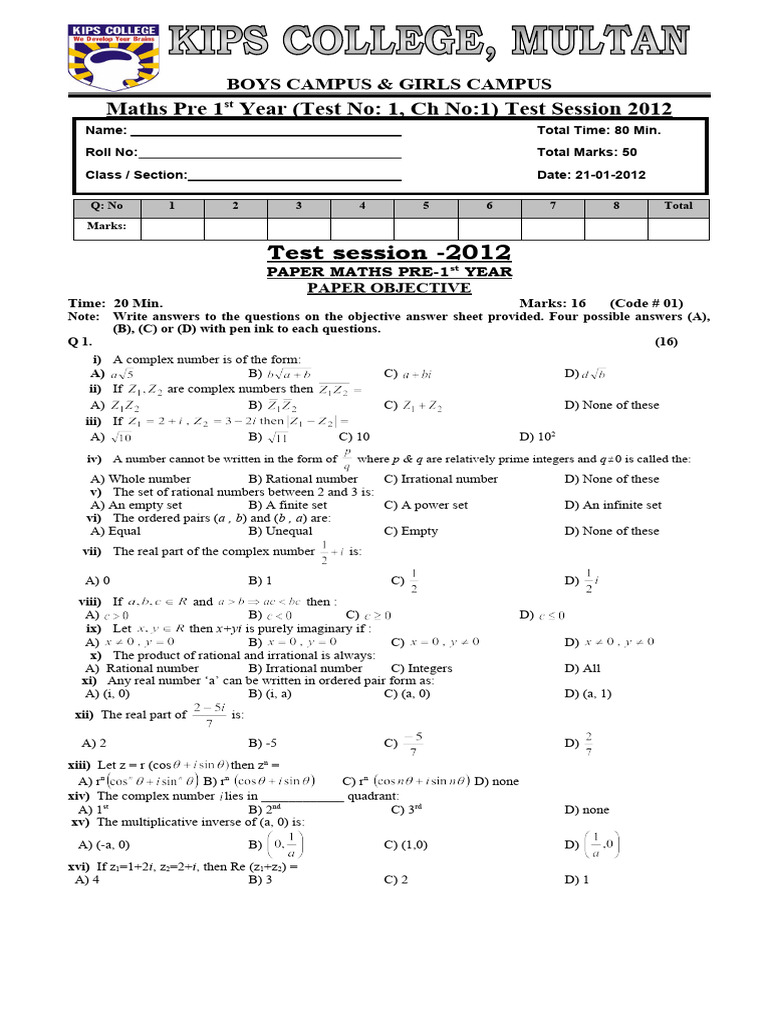 Class Pre 1st Year Maths (Test No 1, CH No 1) 23-01-2012 | PDF ...