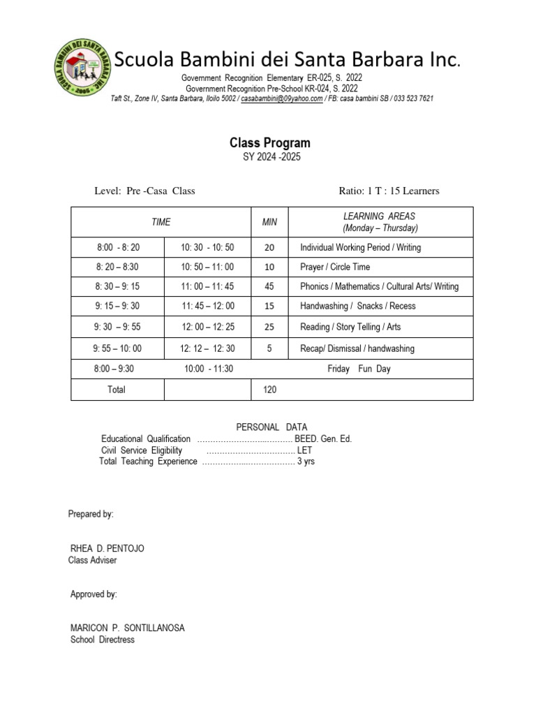 Class Program SY 2024-2025 Overview | PDF | Behavior Modification ...