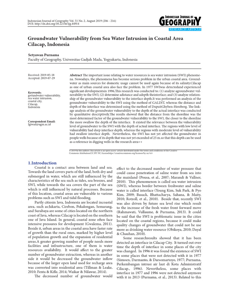 Groundwater Vulnerability From Sea Water Intrusion in Coastal Area ...