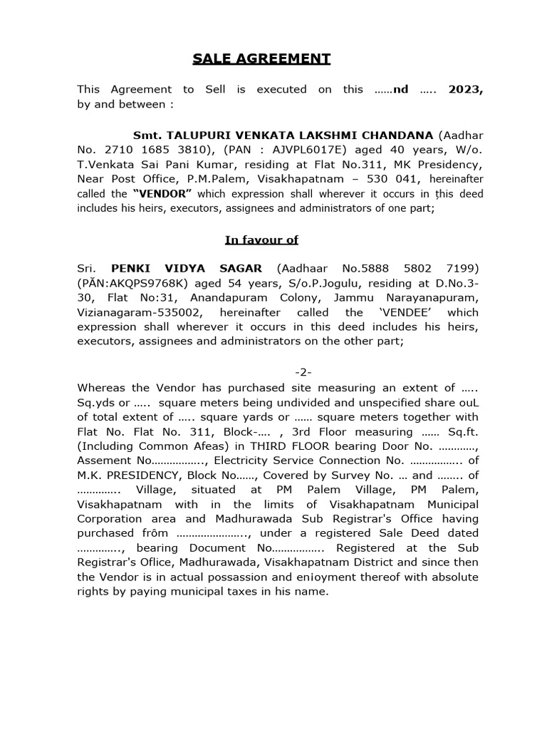Sale Agreement for Residential Flat in Visakhapatnam | PDF | Deed ...