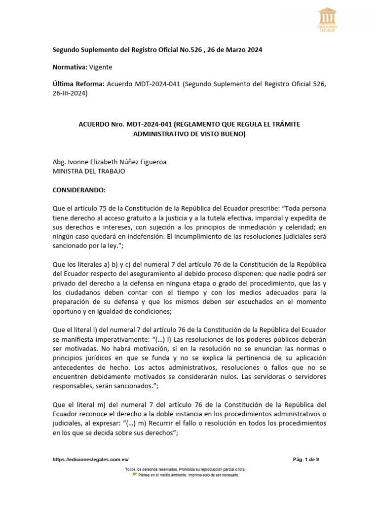 ACUERDO Nro. MDT-2024-041 REGLAMENTO QUE REGULA EL TRÁMITE ADMINISTRATIVO DE VISTO BUENO | PDF ...