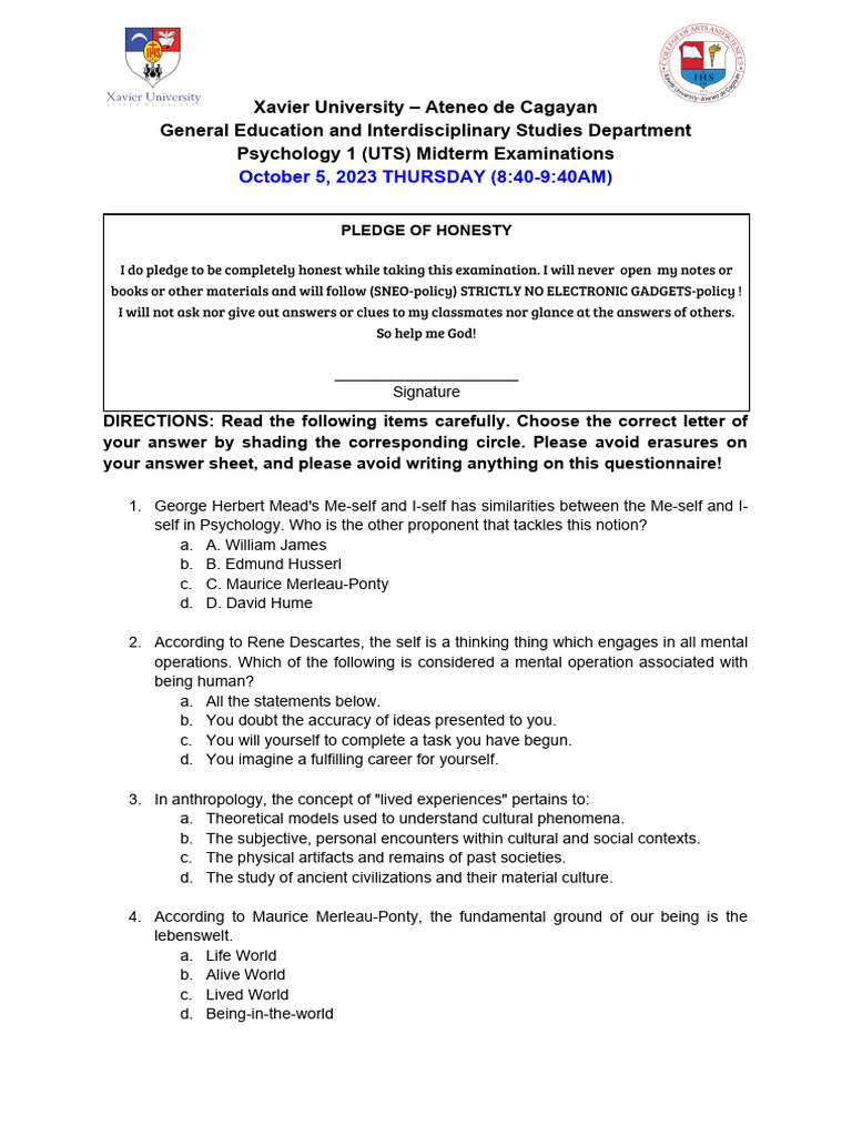 Psy 1 Midterm Exam 2 | PDF | Philosophy Of Self | Experience