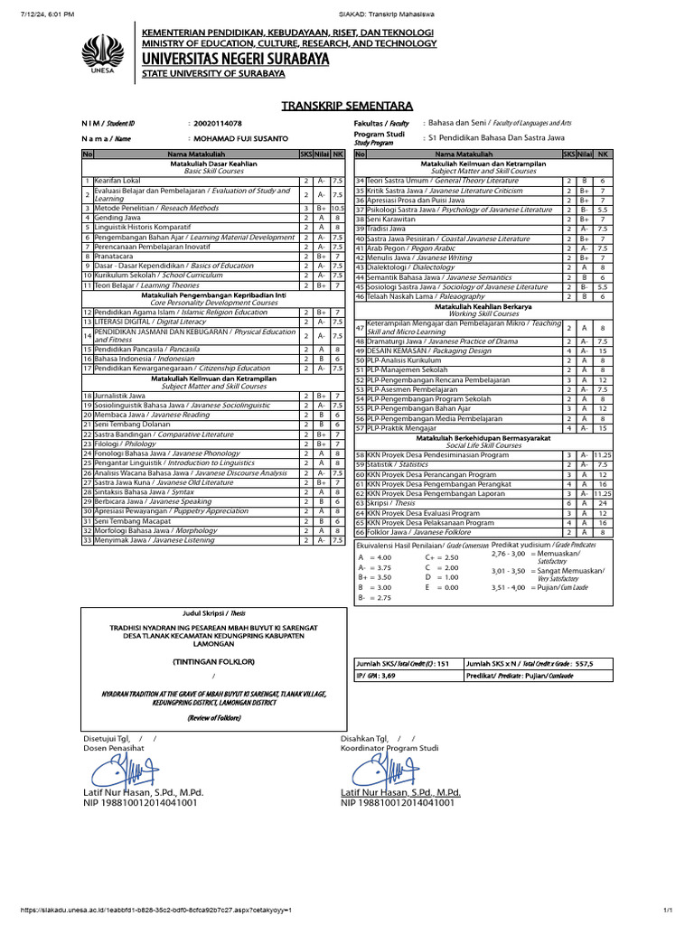 SIAKAD - Transkrip Mahasiswa New | PDF
