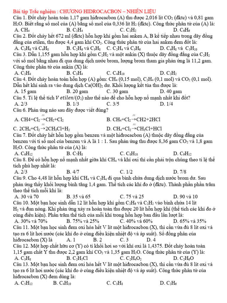 124 Bai Tap Trac Nghiem Chuong 4 Hidrocacbon Nhien Lieu Co Dap An | PDF