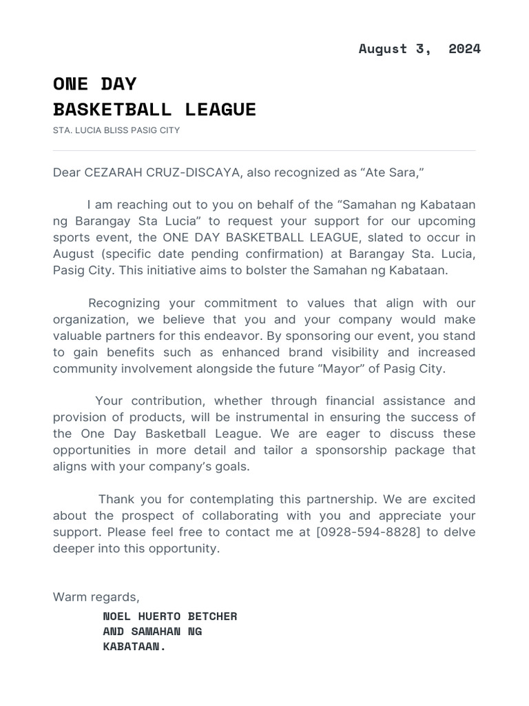 One Day Basketball League Sponsorship Request | PDF