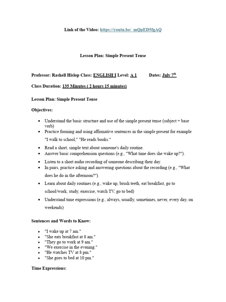 Simple Present Tense Lesson Plan | PDF | Reading Comprehension | Question