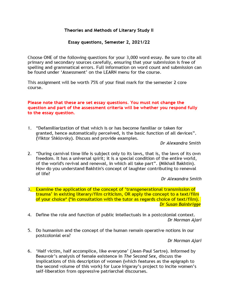 Essay Titles Comp Lit Core Course 2021-22 Sem 2 | PDF | Human ...