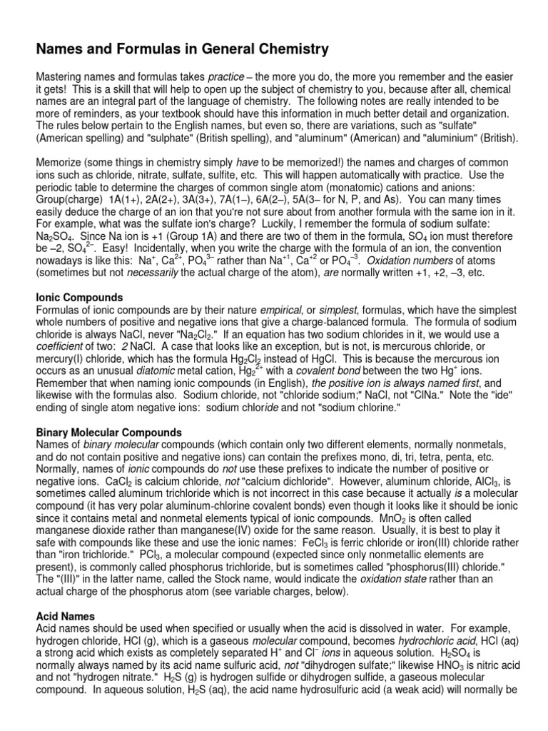 Names Formulas | PDF | Ionic Bonding | Acid