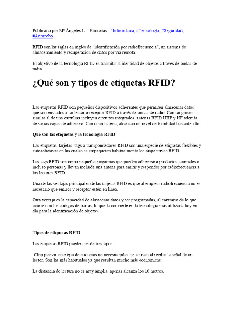 Qué Son y Tipos de Etiquetas RFID | PDF | Identificación de frecuencia de radio | Informática