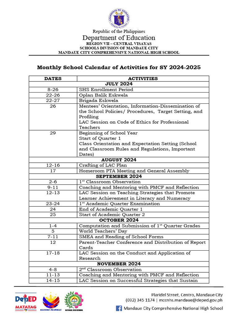 SY 2024-2025 School Activities Calendar | PDF | Mentorship | Teachers