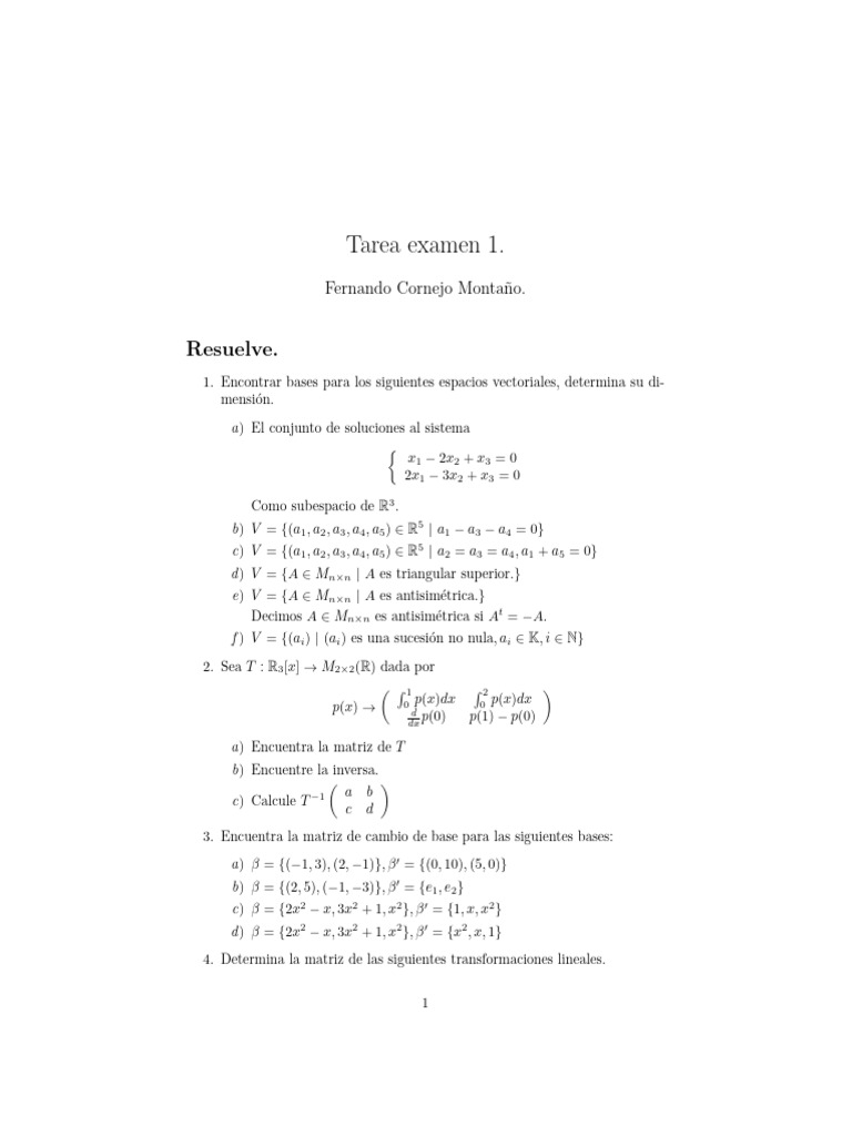 Tarea Examen | PDF | Valores propios y vectores propios | Mapa lineal