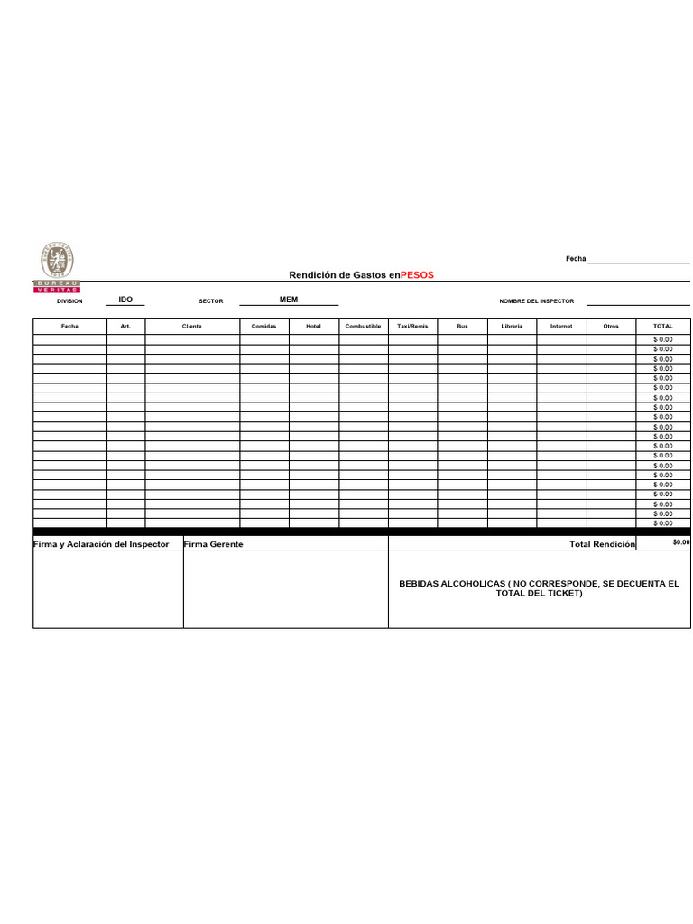Planilla Rendicion de Gastos Tipo | PDF