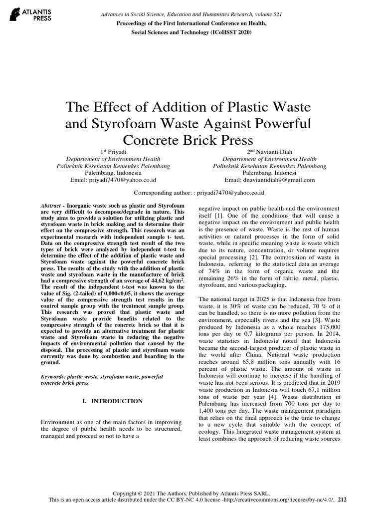 The Effect of Addition of Plastic Waste and Styrofoam Waste Against Powerful Concrete Brick ...