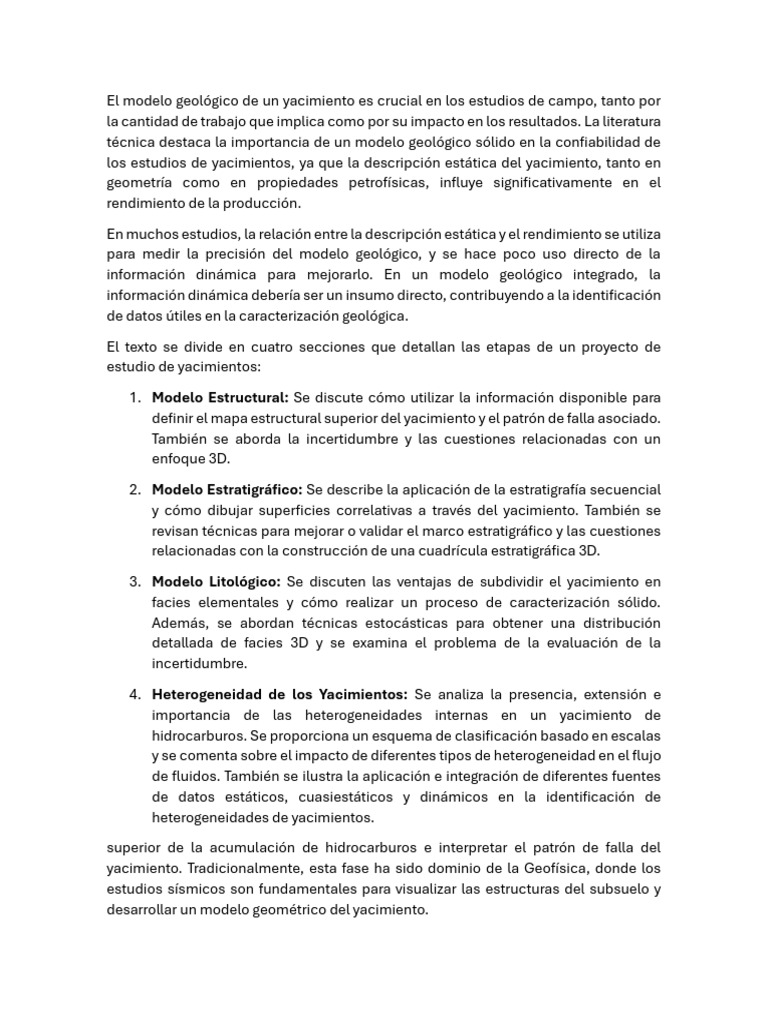 El Modelo Geológico de Un Yacimiento Es Crucial en Los Estudios de Campo | PDF | Geología ...