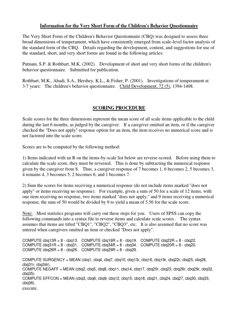 CBQ Veryshort Scoresheet1 Withsyntax | PDF | Temperament | Mean