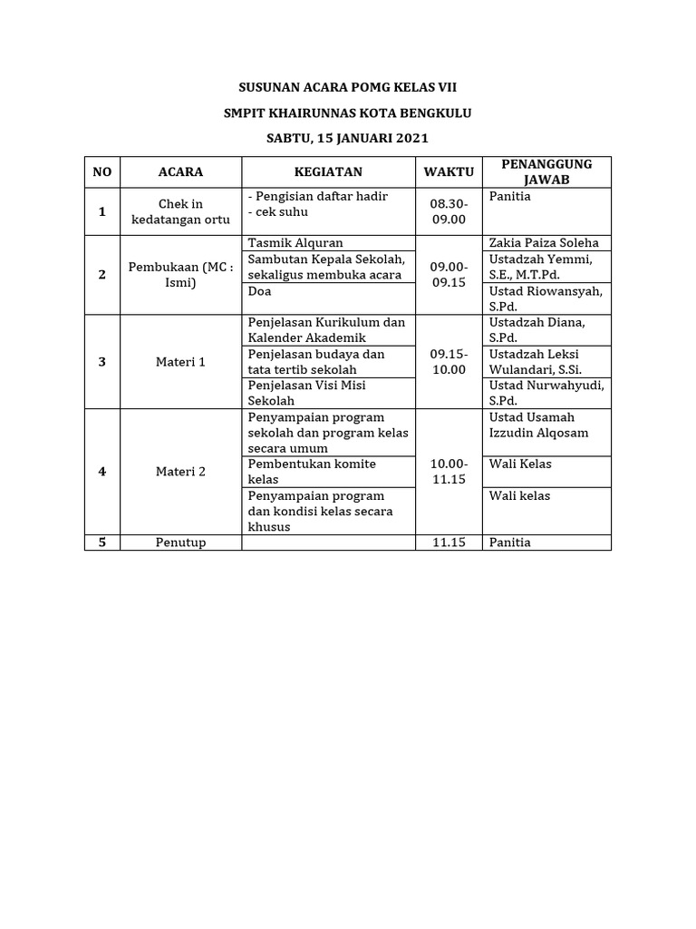 Susunan Acara Pomg Kelas Vii | PDF