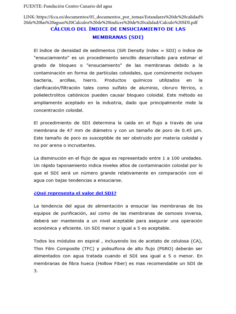 AGUA - Calculo SDI - Fund Centro Canario Del Agua | PDF | Ósmosis | Agua