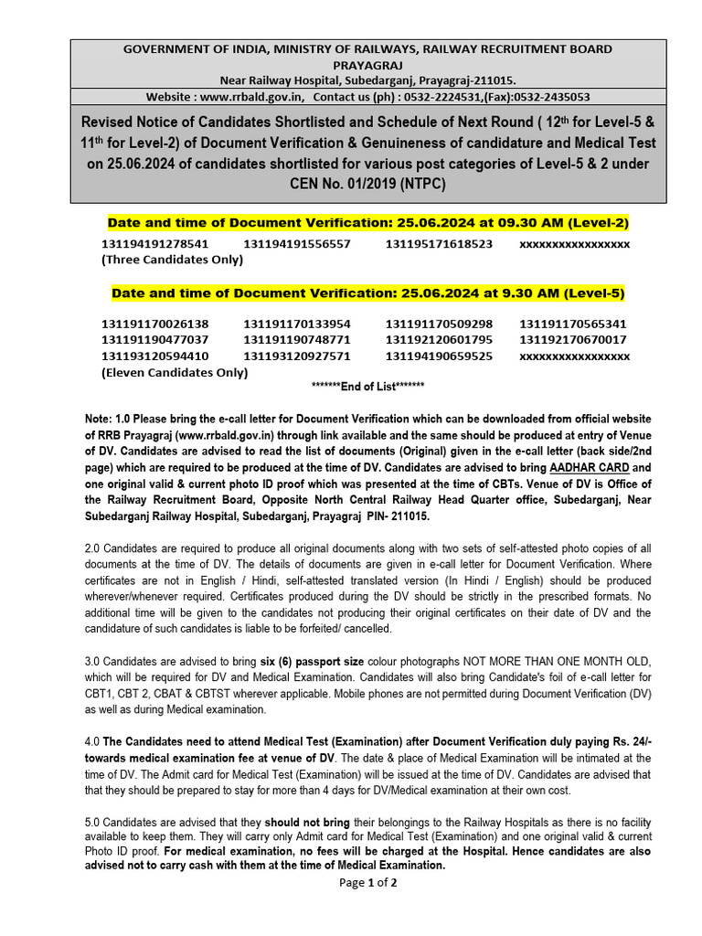 Revised Notice DV Dhortlisted and Schedule Level 5 and 2 | PDF