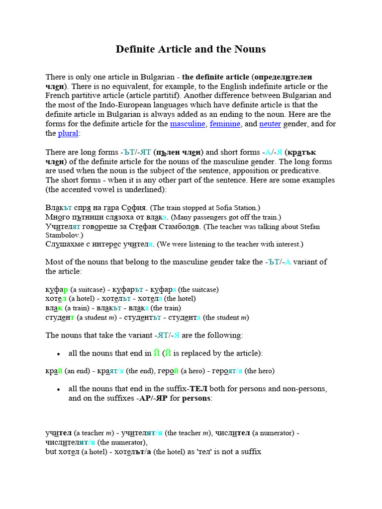 Definite Article and The Nouns | PDF | Grammatical Gender | Linguistic ...