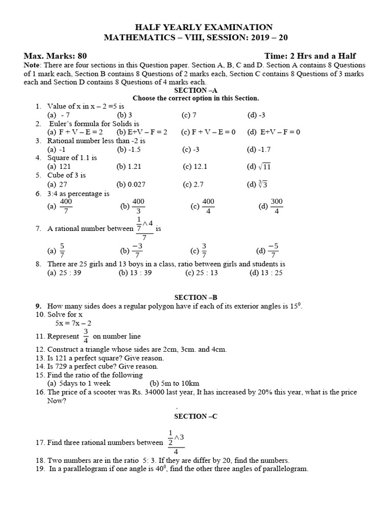 Class VIII Maths Half Yearly 2019 20 | PDF | Numbers | Number Theory