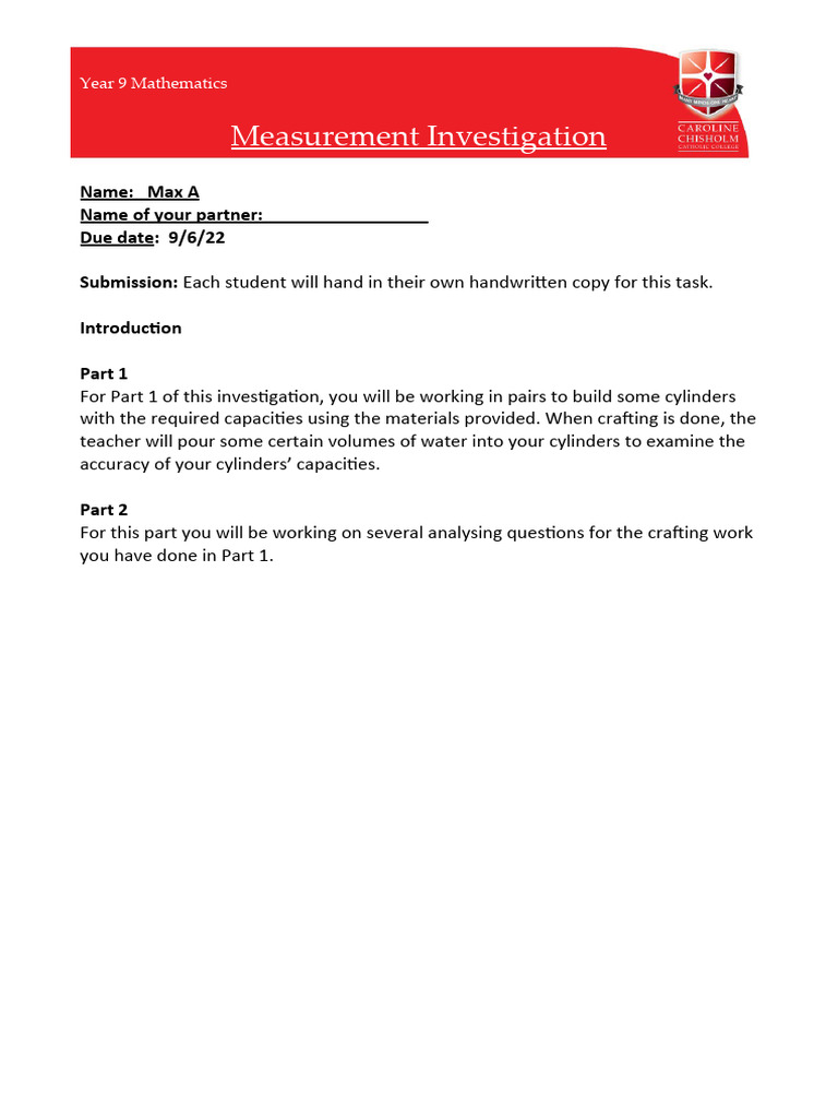 Year 9 Cylinder Measurement Project | PDF | Area | Volume