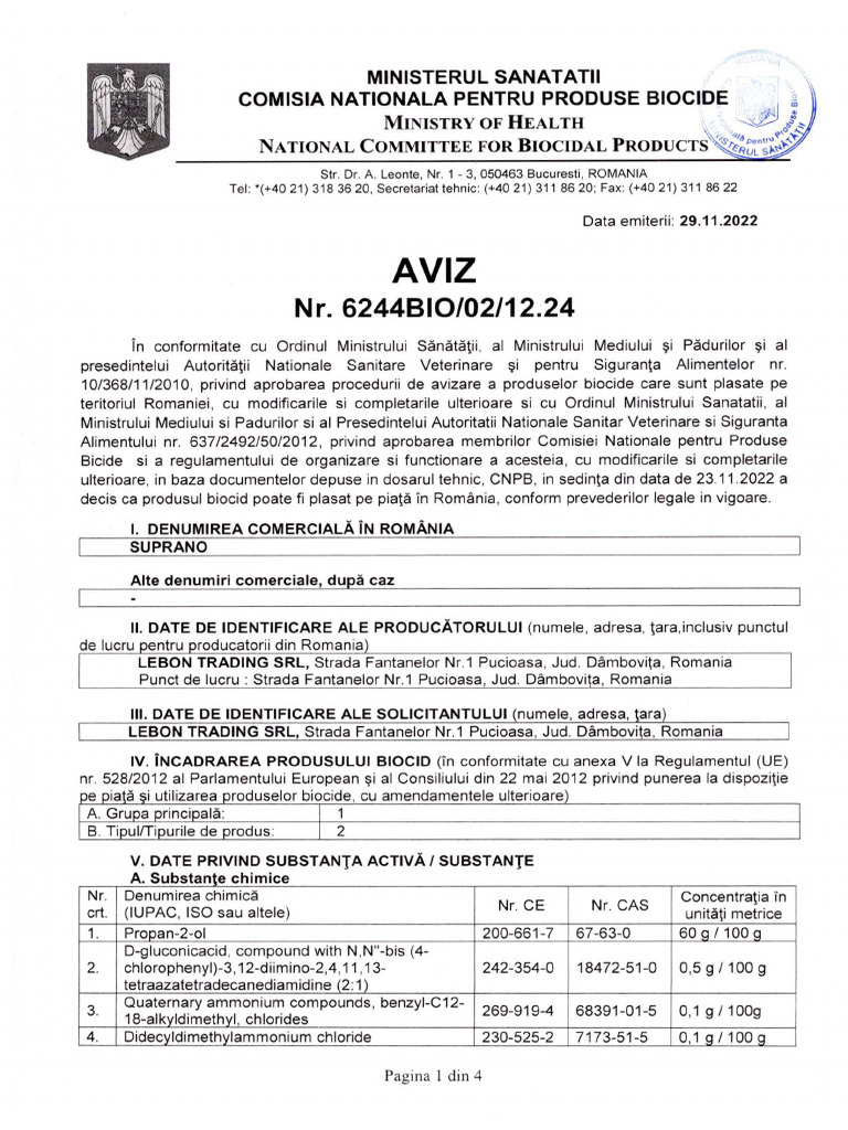 Aviz Sanitar - Dezinfectant Suprafete - SUPRANO | PDF