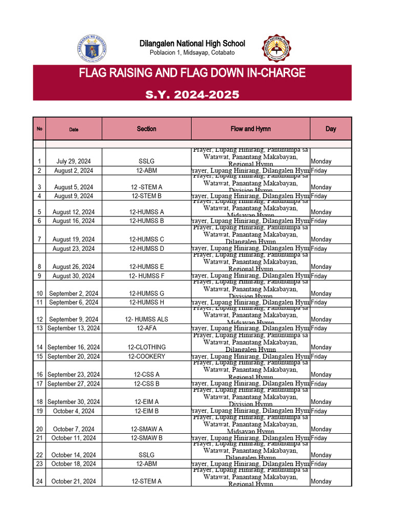 Flag in Charge Schedule 2024 2025 | PDF | Patriotic Songs | Songs