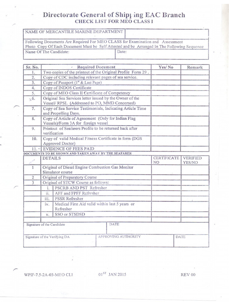 MEO CL I Checklist PDF | PDF