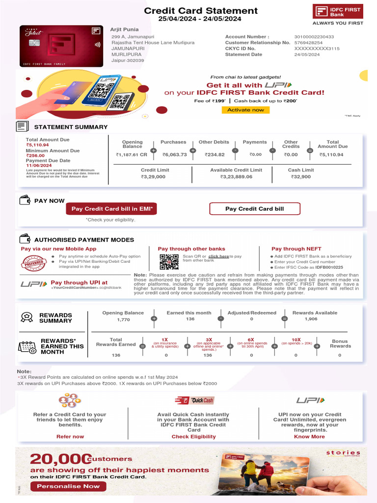IDFC FIRST Bank - Credit Card - Statement - 24052024 | PDF | Credit ...