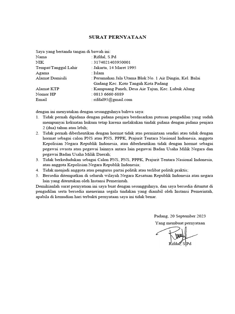 Surat Pernyataan Rifdal | PDF
