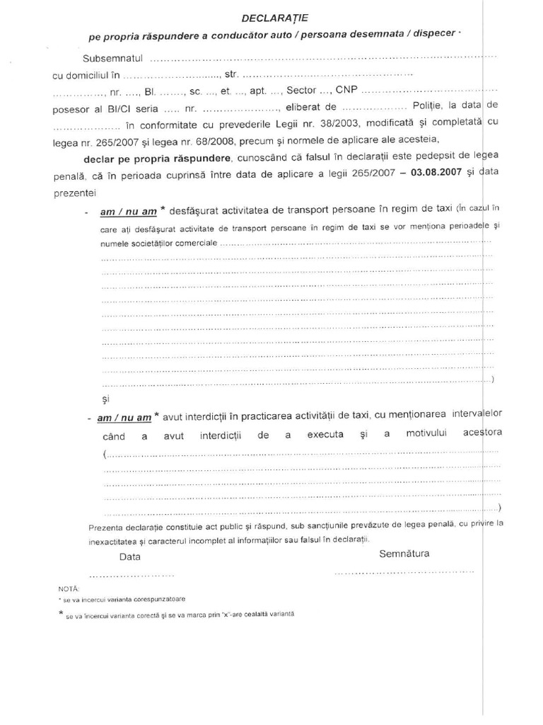 Declaratie Pe Proprie Raspundere Coducator Auto | PDF