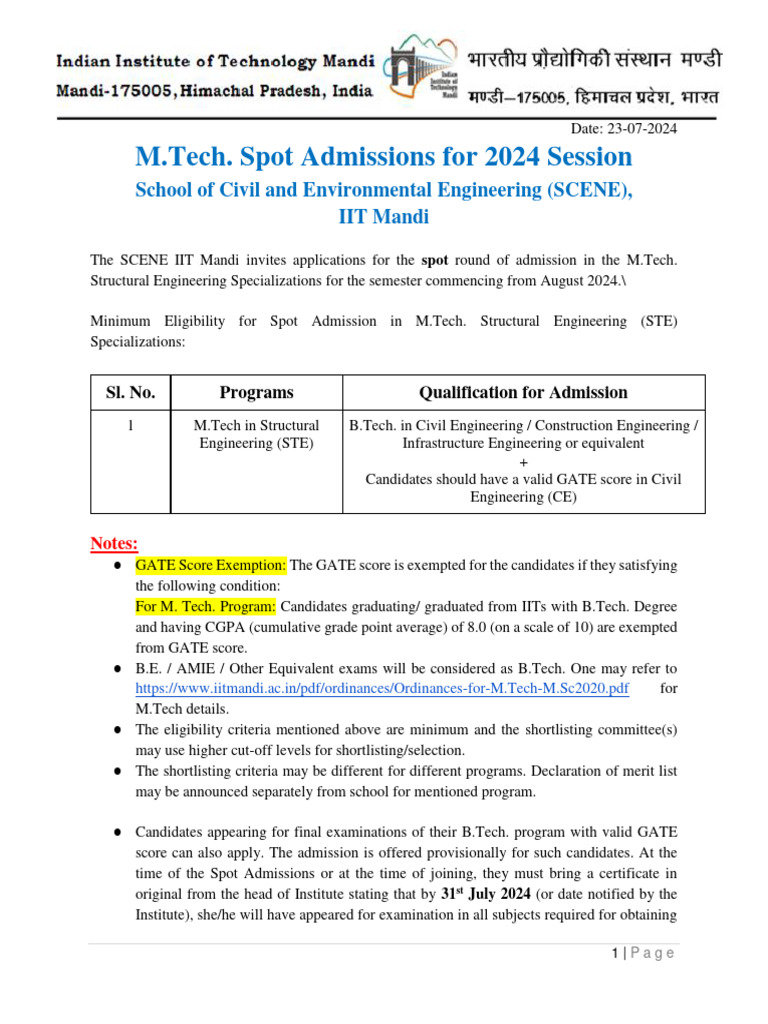 Advt. - MTech Spot Admission August 2024 - SCENE - REV2 | PDF ...