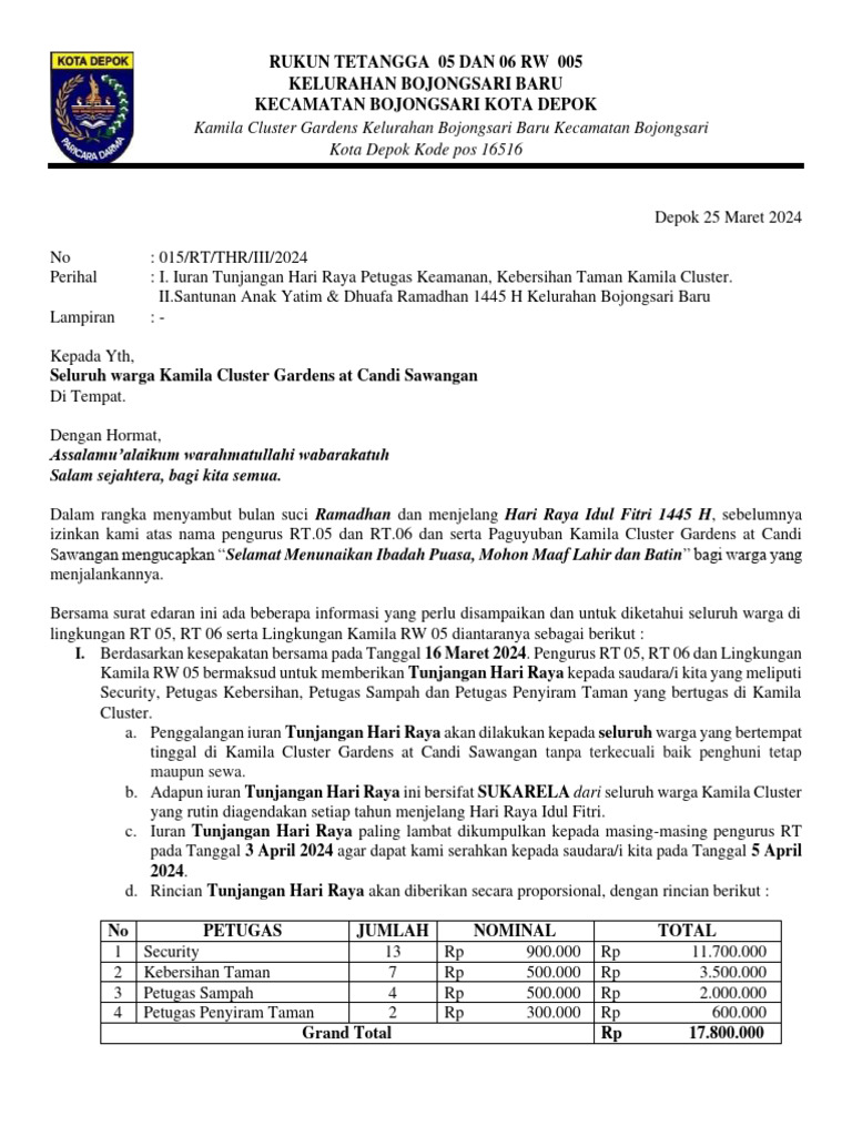 Surat Edaran Iuran THR 2024 RT.05 RT.06-1 | PDF