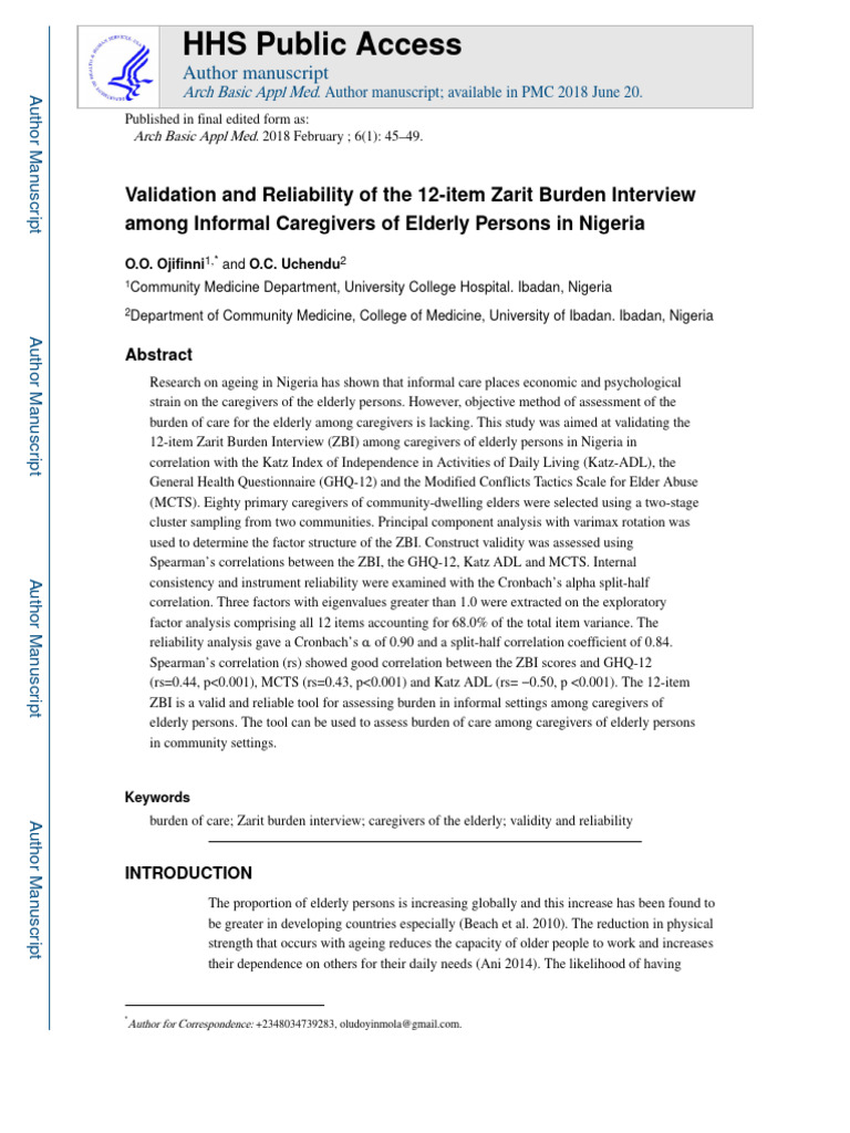 Validation of 12 Item Zarit Burden | PDF | Cronbach's Alpha | Factor ...
