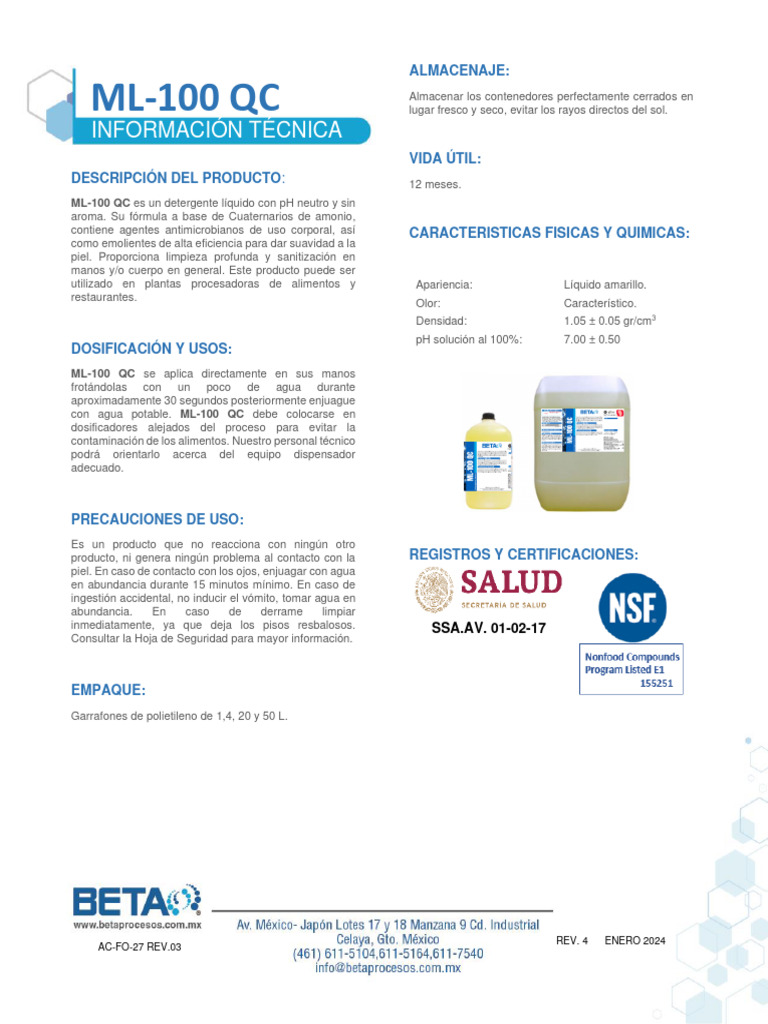 Detergente ML-100 QC para uso corporal | PDF