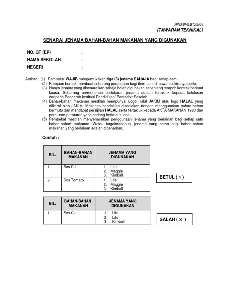 Borang Senarai Jenama Bahan-Bahan Makanan Yang Digunakan (Kategori C) | PDF