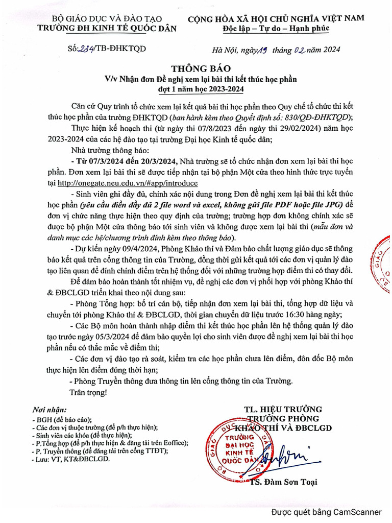 234-TB-DHKTQD-19-02-2024-Nhan Don de Nghi Xem Lai Bai Thi KTHP Dot 1 Nam Hoc 2023-2024 | PDF