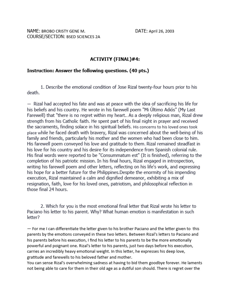 BROBO, Cristy Gene M. - ACTIVITY (FINAL) #4 - RIZAL M12 | PDF | Love | Psychology