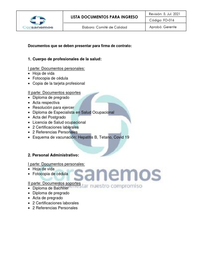 FO-016 Lista Documentos para Ingreso V5 | PDF